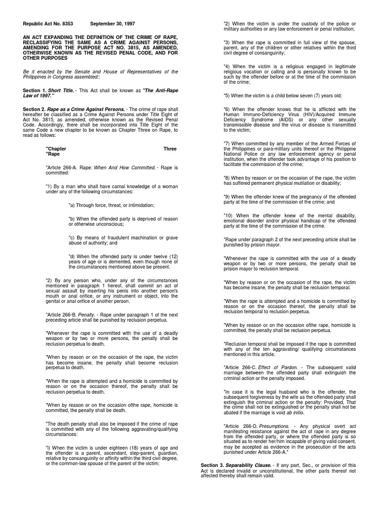 Ra 8353 | PDF | Rape | Crime & Violence