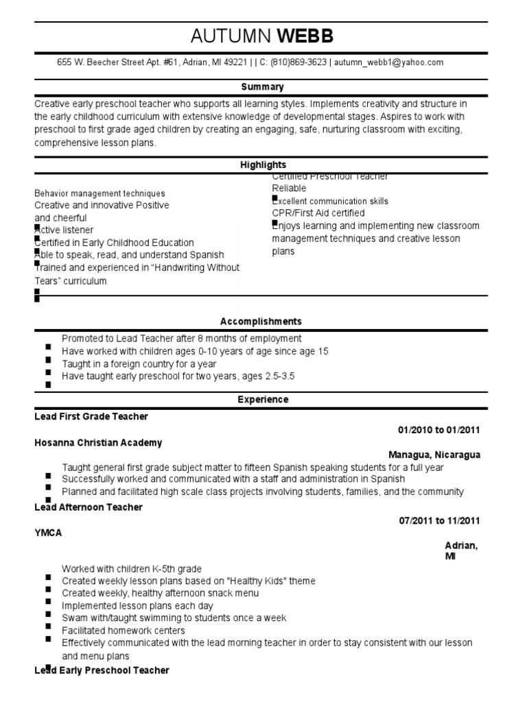 Creative Preschool Teacher Resume | PDF | Technology & Engineering