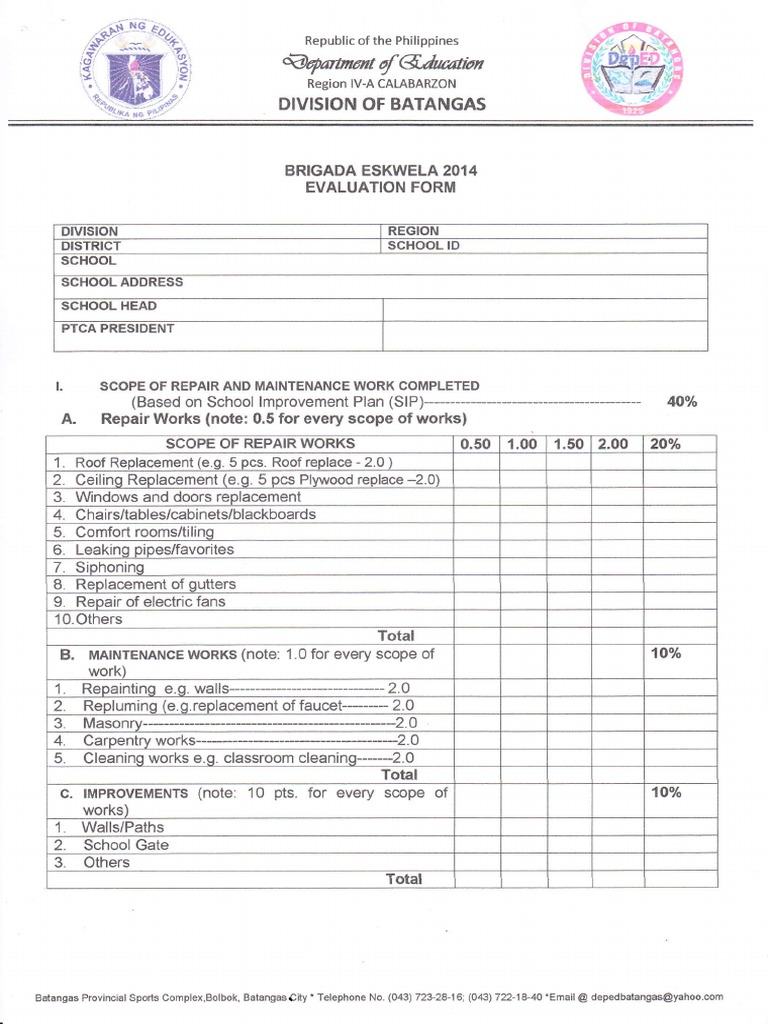 Brigada Eskwela 2014 Evaluation Form | Building Engineering