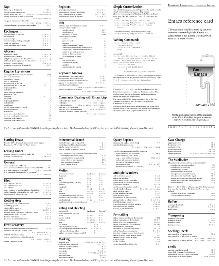 Emacs Reference Card | PDF | Macro (Computer Science) | Computer Programming