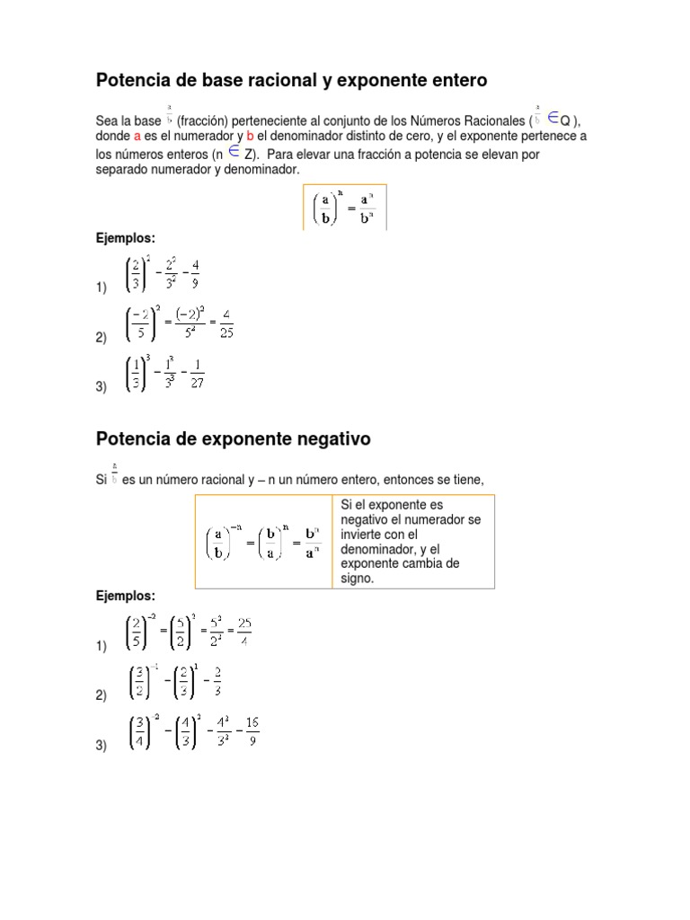 Potencia de Base Racional y Exponente Entero | PDF