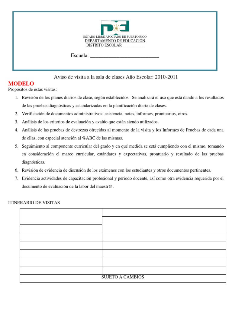 Aviso de Visita a la Sala de Clases | PDF