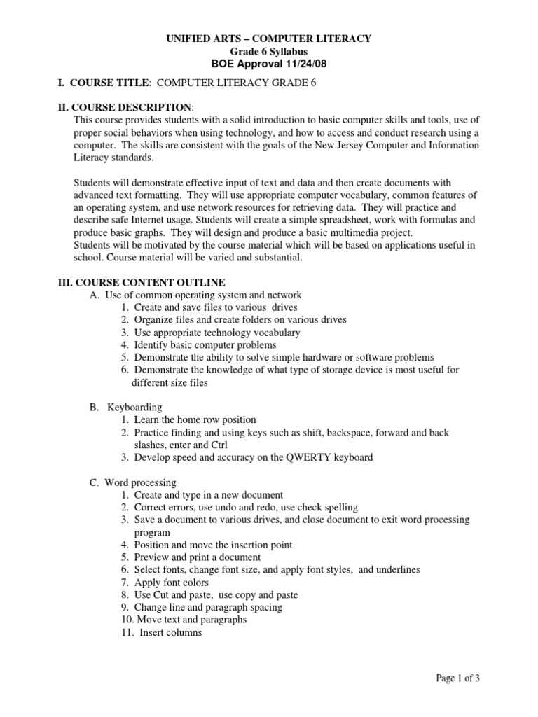 Tech - Computer Literacy Grade 6 Syllabus | PDF | Spreadsheet ...