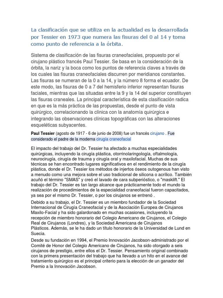 Clasificación de Tessier | PDF | Cirugía plástica | Cirugía