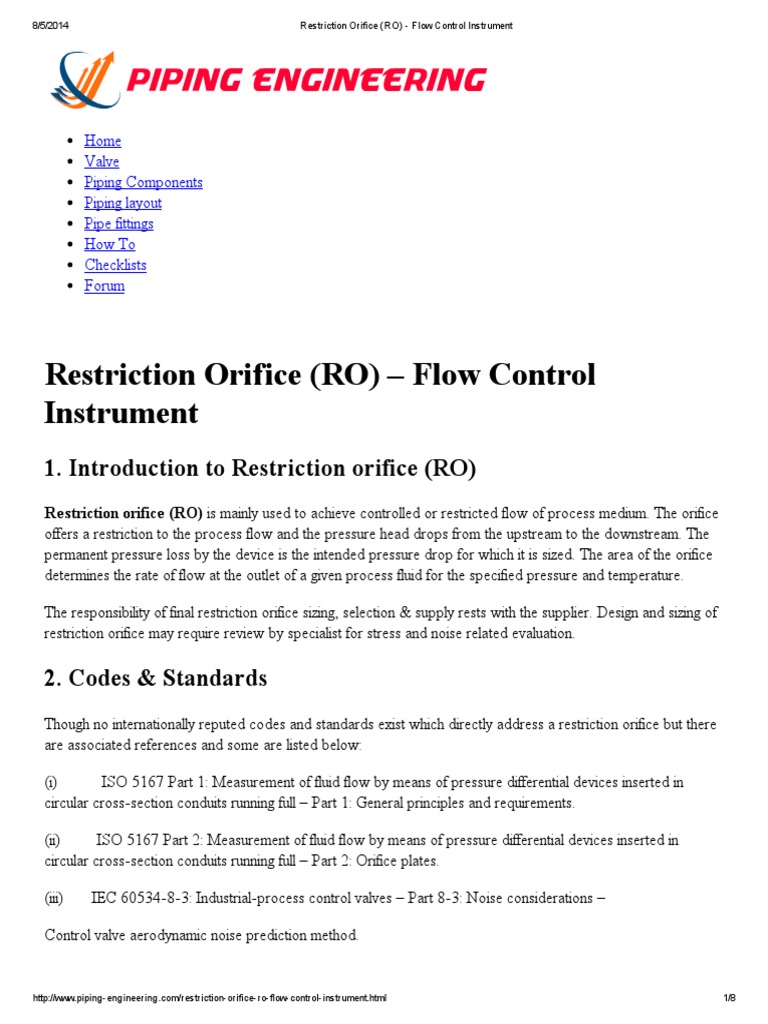 Restriction Orifice (RO) - Flow Control Instrument | PDF | Valve ...
