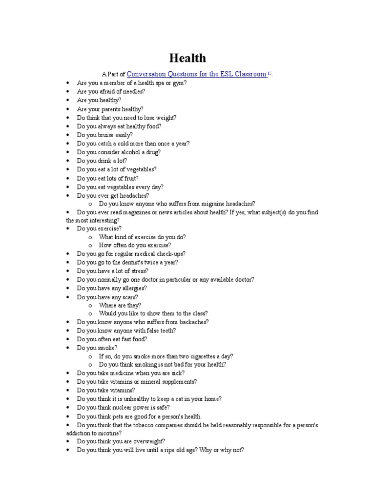 Health: Conversation Questions For The ESL Classroom | PDF ...