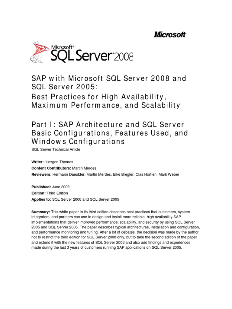 SAP With Microsoft SQL Server 2008 and SQL Server 2005 - Best Practices For High Availability ...