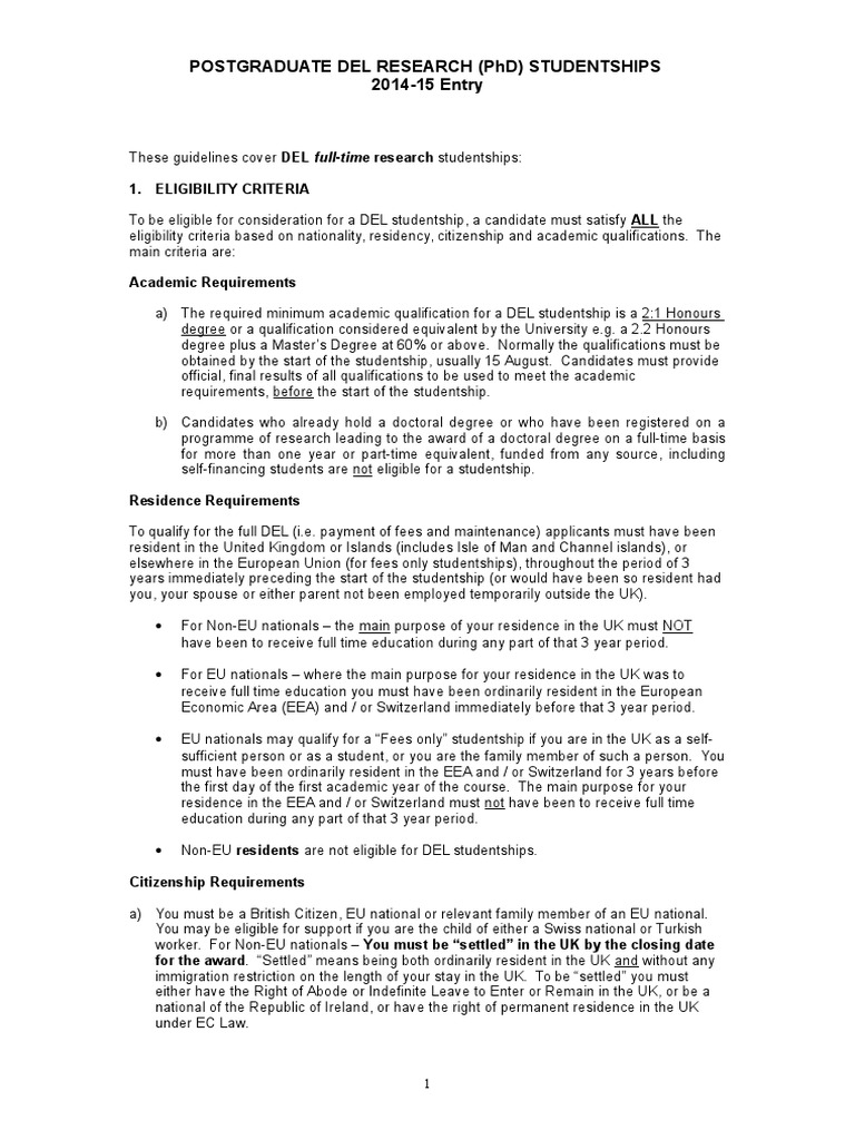 Postgraduate Del Research (PHD) Studentships 2014-15 Entry: 1. Eligibility Criteria | PDF ...