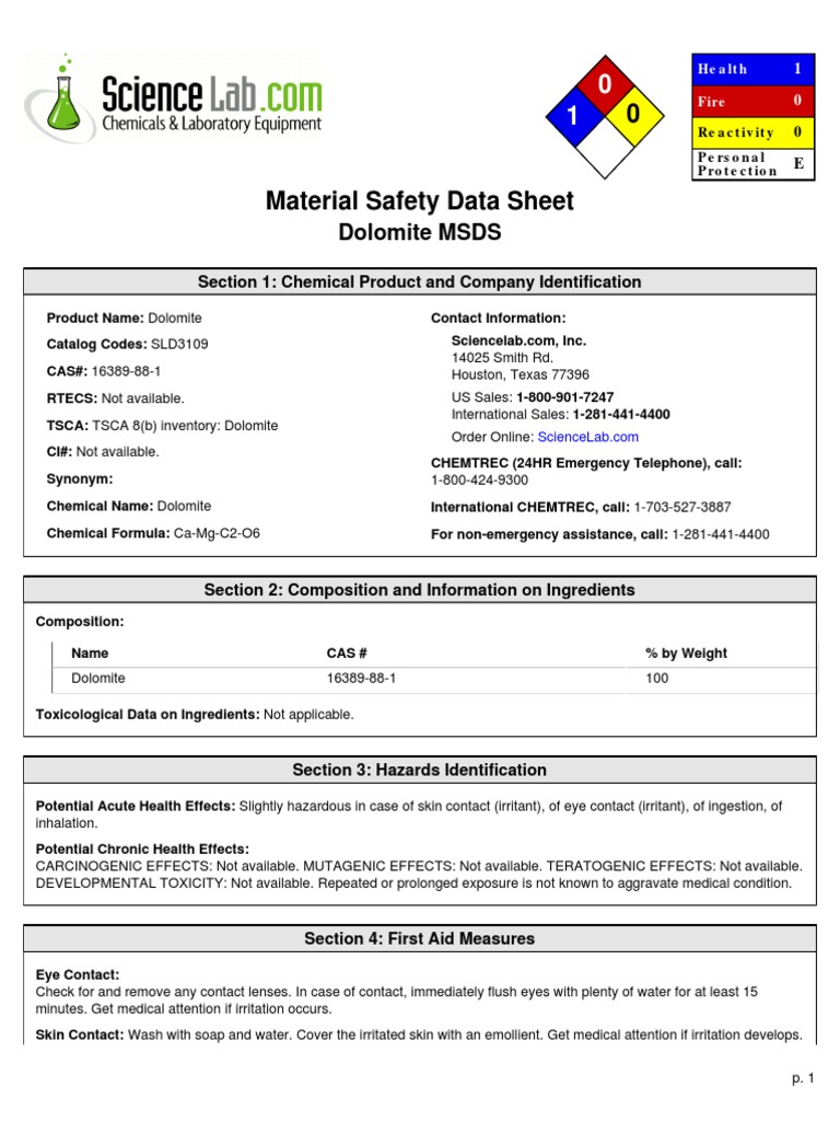Msds Dolomite PDF | PDF | Toxicity | Flammability
