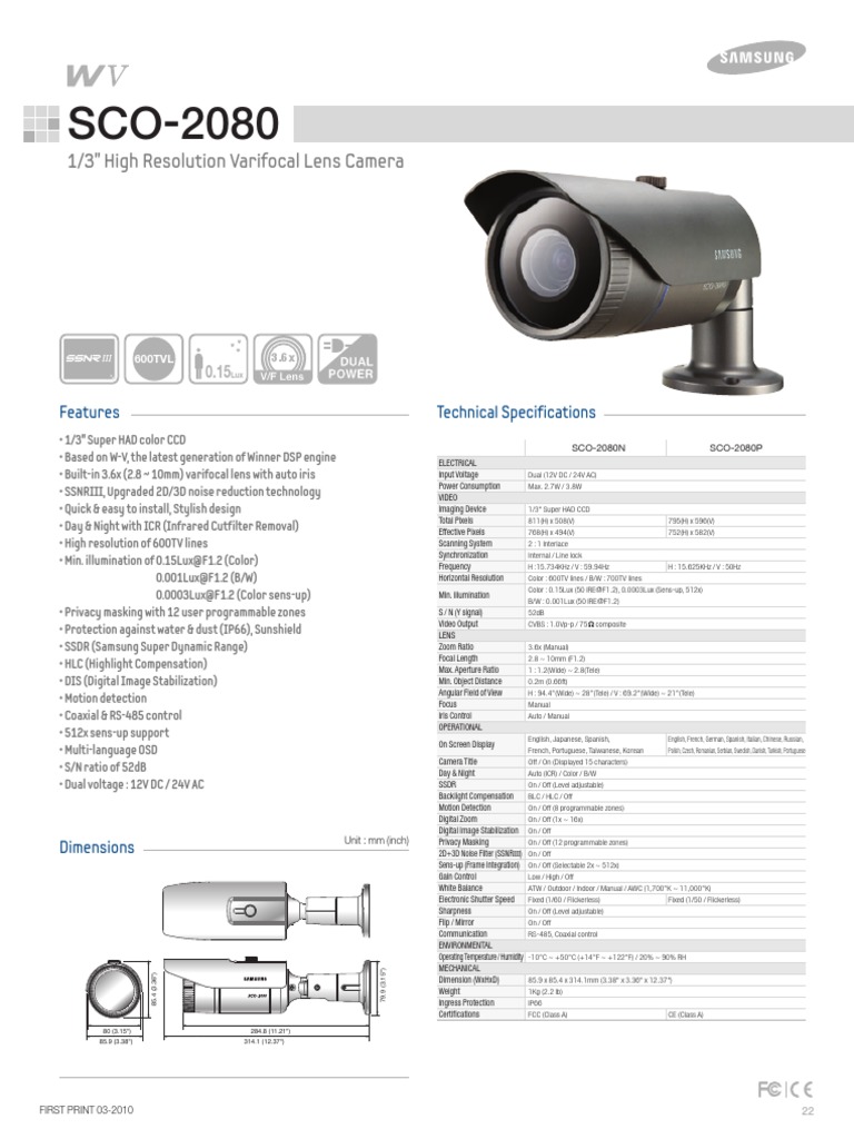 Technical Specifications and Features of the Samsung SCO-2080 1/3 | PDF ...