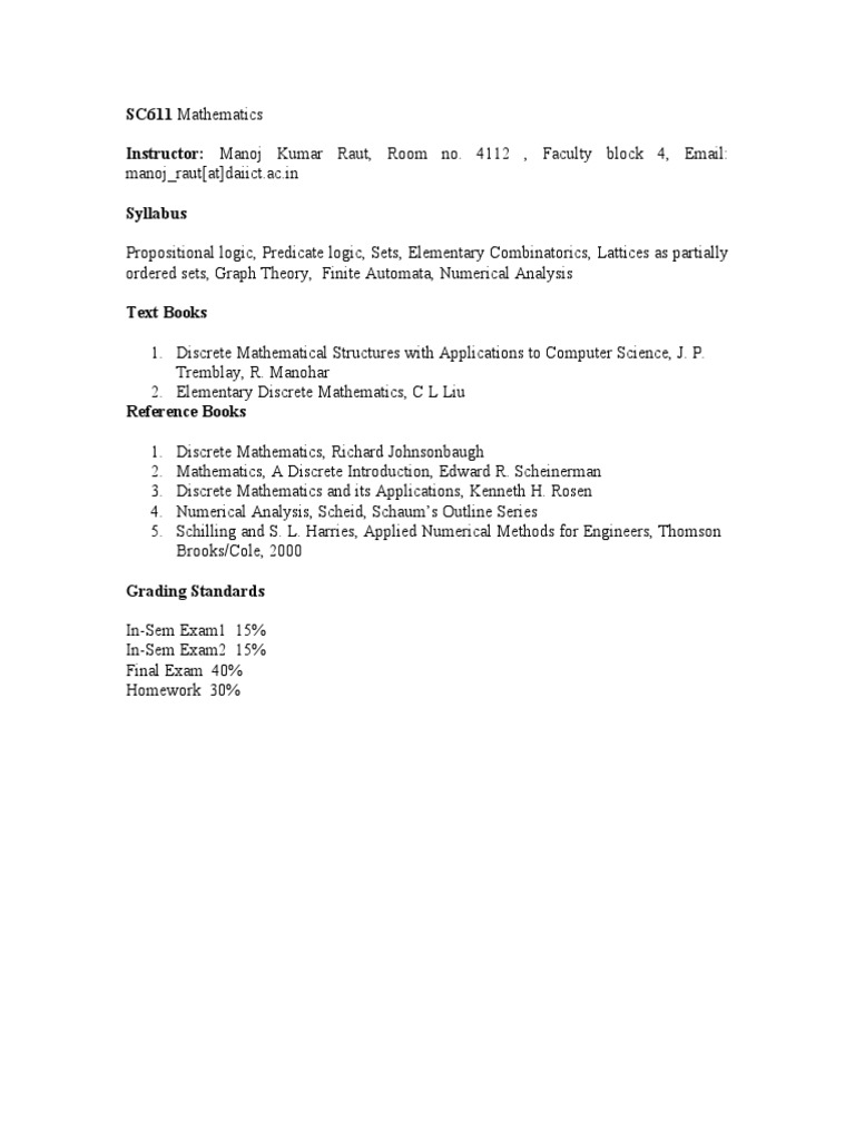 SC611 Mathematics Course Syllabus | PDF