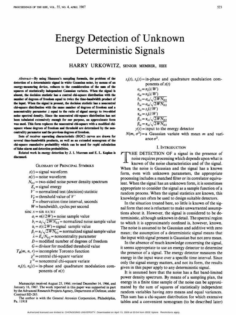Energy Detectiion of Unknown Deterministic Signals by Harry Urkowitz ...