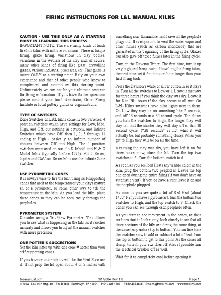 Firing Instructions For L&L Manual Kilns: Caution - Use This Only As A ...