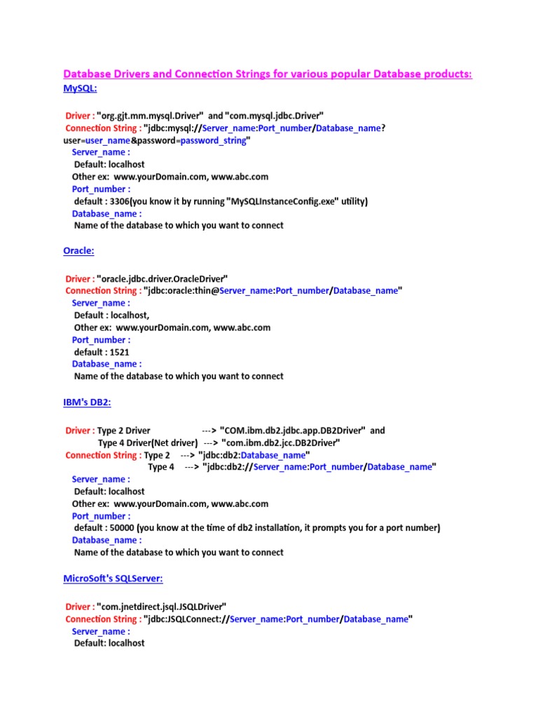 JDBC Connection Strings Overview | PDF | Oracle Database | Ibm Db2