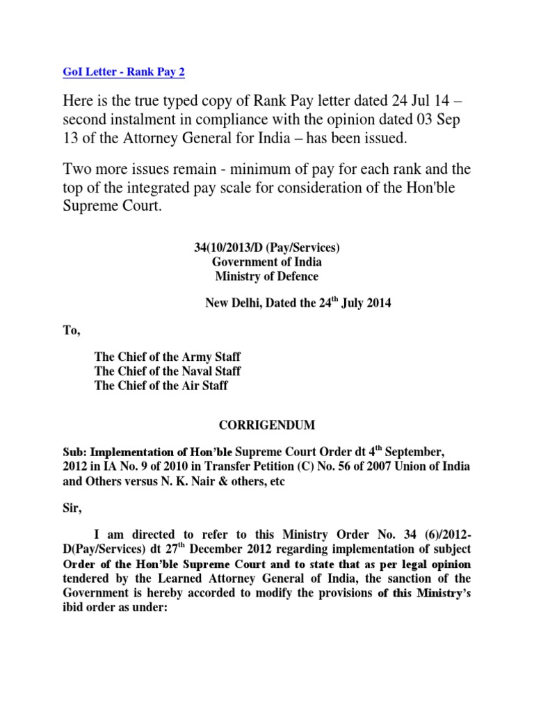 GoI Letter on Rank Pay Modifications | PDF | Public Sphere | Government