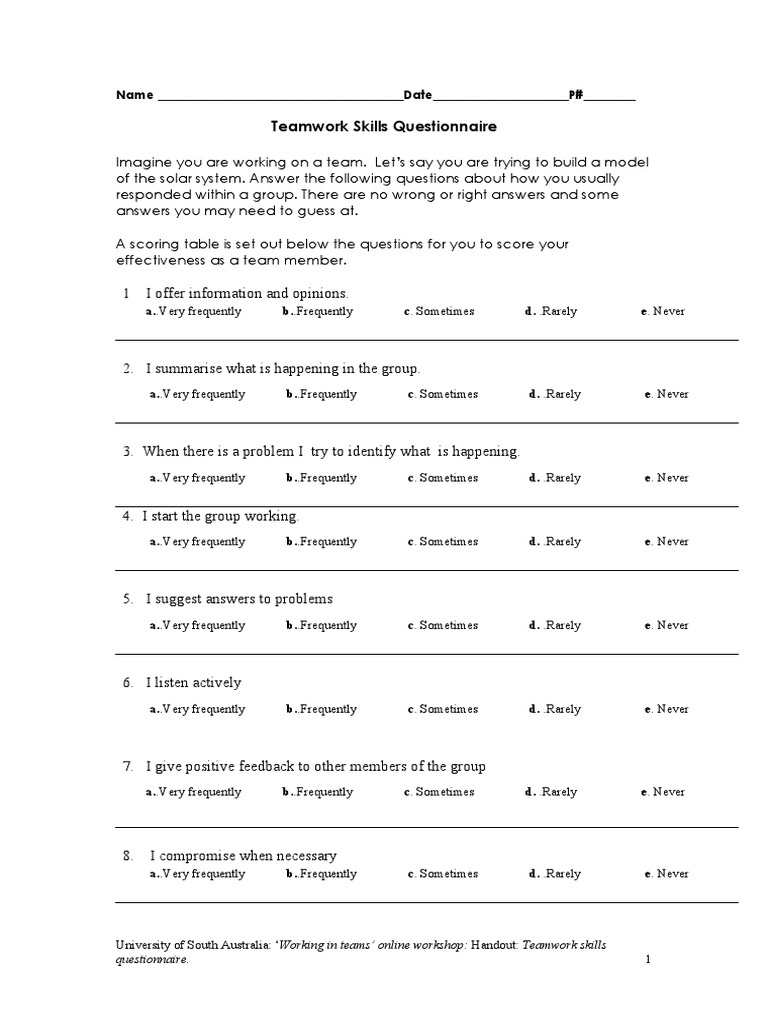 Teamwork Skills Questionnaire | PDF | Behavior Modification | Communication