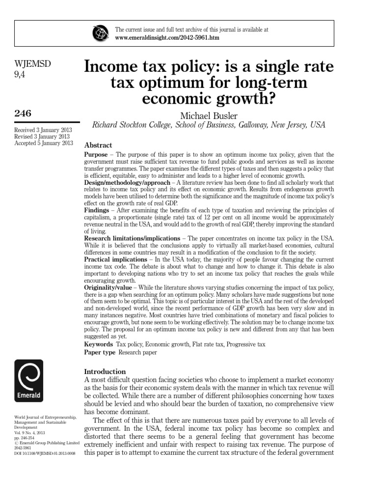 Income Tax Policy: Is A Single Rate Tax Optimum For Long-Term Economic ...