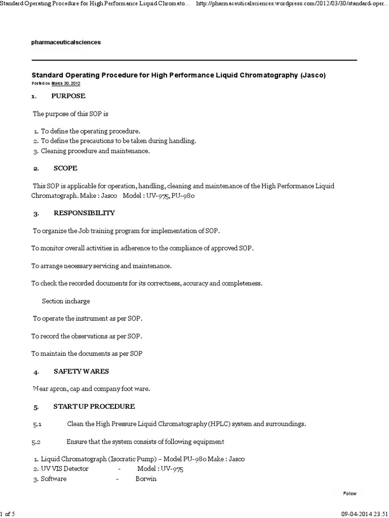 Standard Operating Procedure For High Performance Liquid Chromatography ...