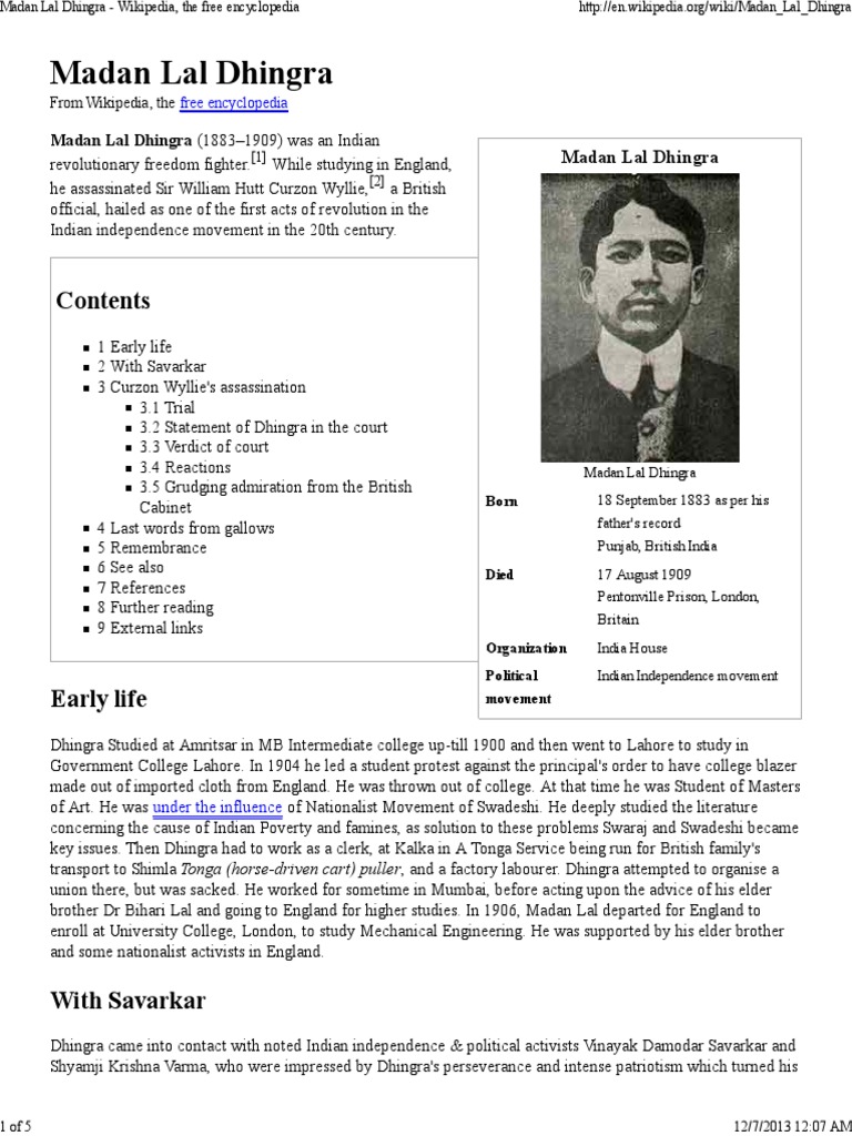 Madan Lal Dhingra - Wikipedia, The Free Encyclopedia | PDF | Indian ...
