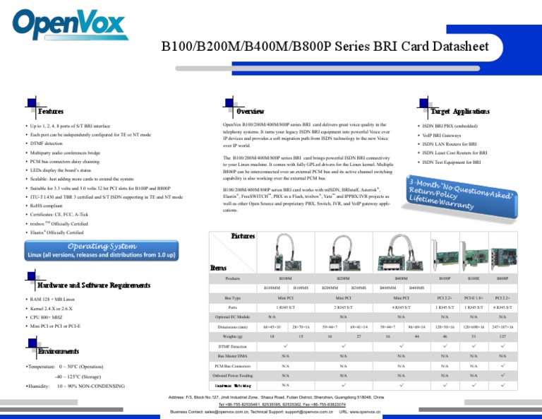 OpenVox B100/B200/B400/B800 Series BRI Card Datasheet | PDF | Voice Over Ip | Linux