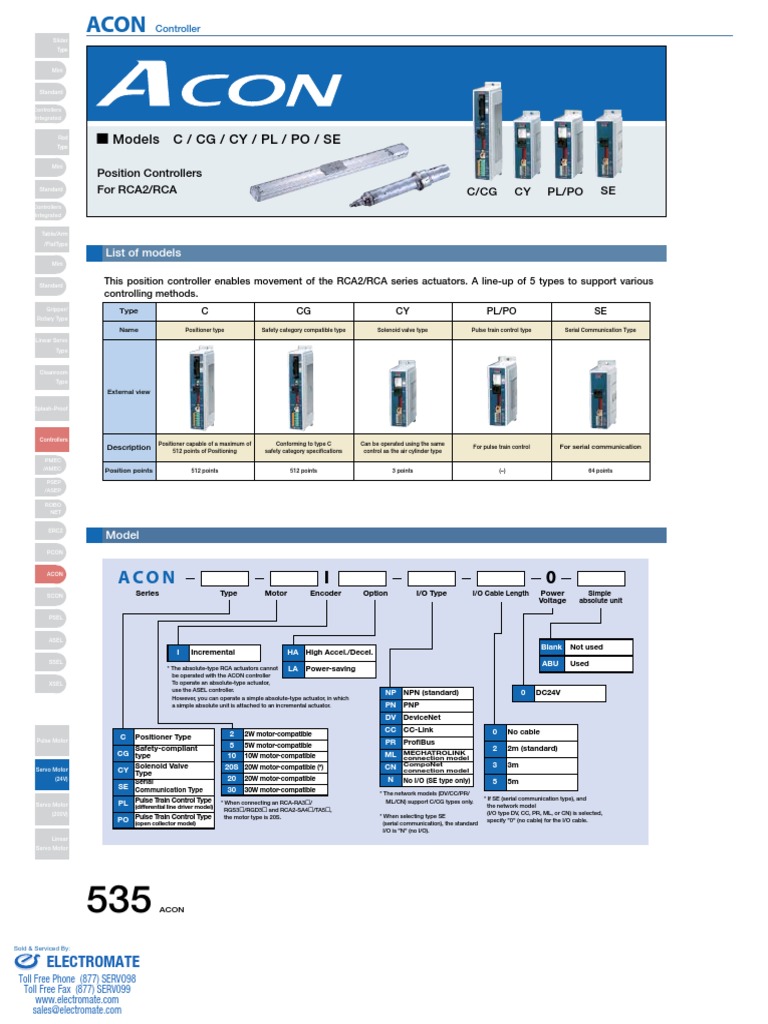 IAI ACON Controller Specsheet | PDF | Servomechanism | Electrical Connector