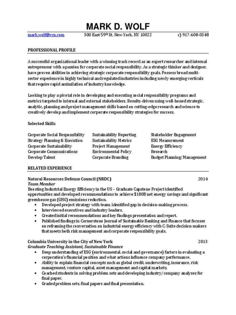 Director Corporate Social Responsibility in New York City Resume Mark ...