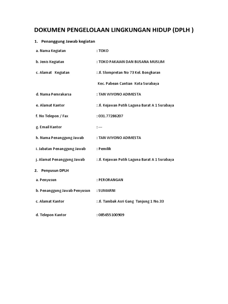 Format Dokumen Pengelolaan Lingkungan Hidup (DPLH) | PDF