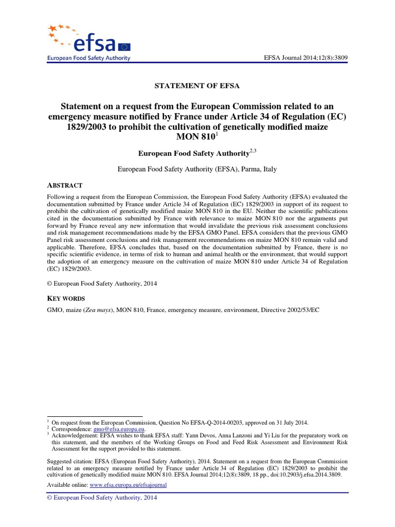 Statement of Efsa: European Food Safety Authority (EFSA), Parma, Italy ...