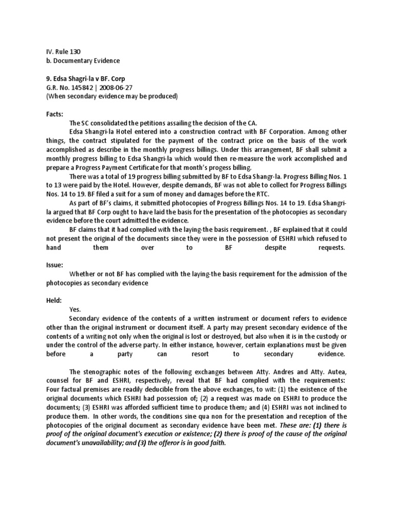 IV. Rule 130. B. Documentary Evidence 9. Edsa Shangri-La Vs BF Corp ...