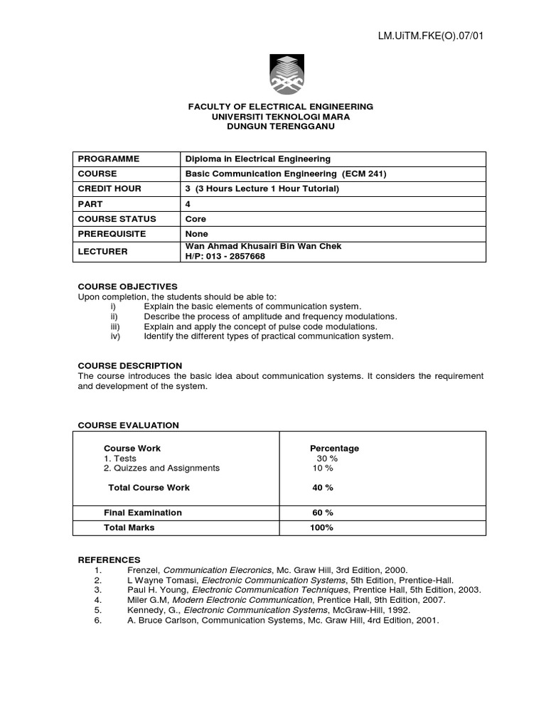 Course Outline Ecm241 Pdf Modulation Frequency Modulation