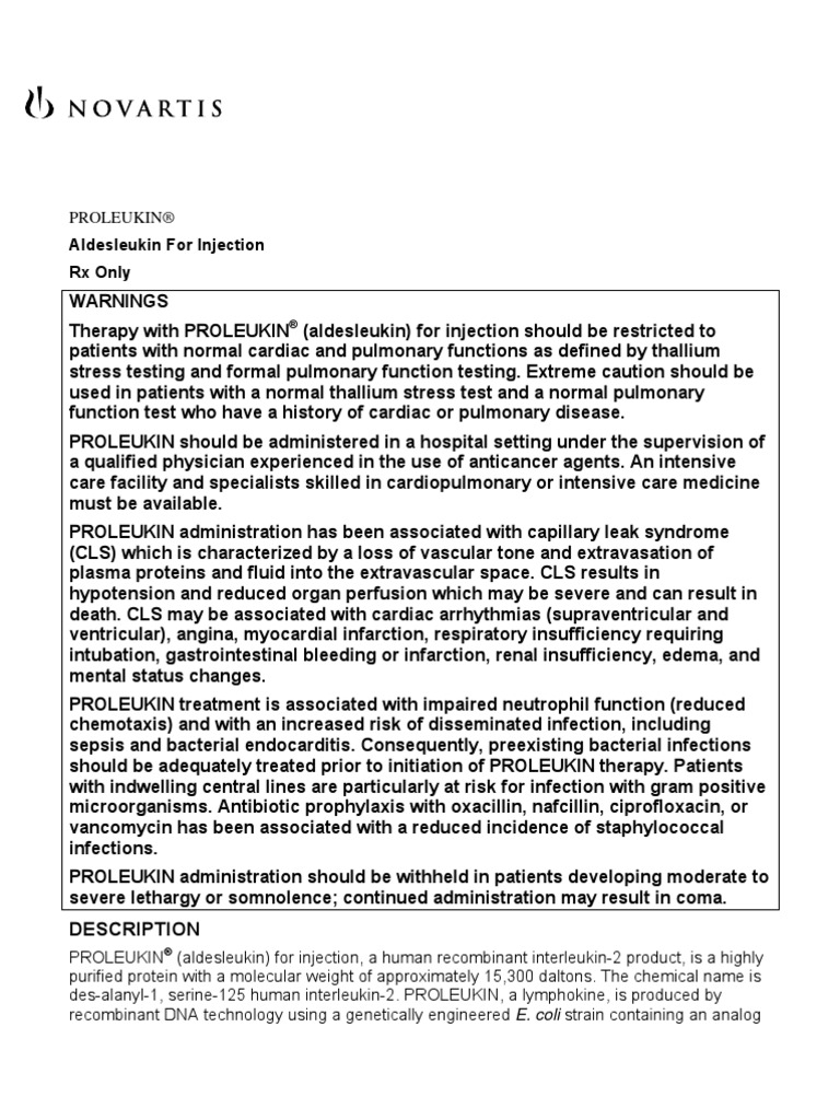 Aldesleukin For Injection RX Only: Description | PDF | Interleukin 2 ...