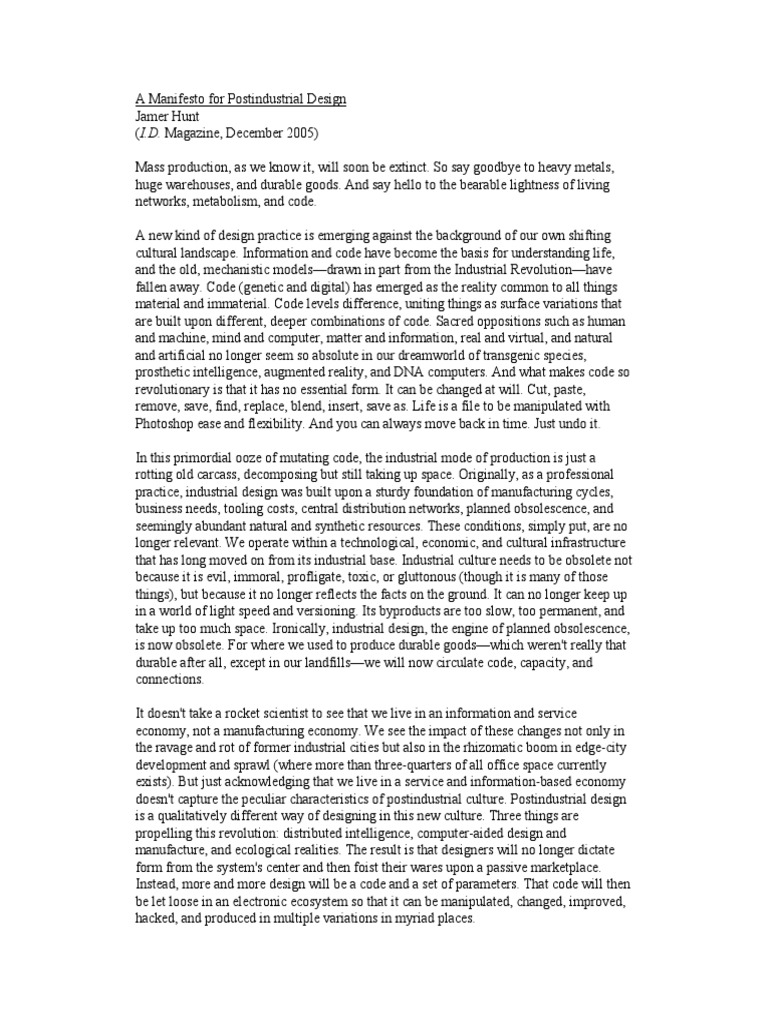 A Manifesto For Postindustrial Design - Jamer Hunt | PDF | Linux ...