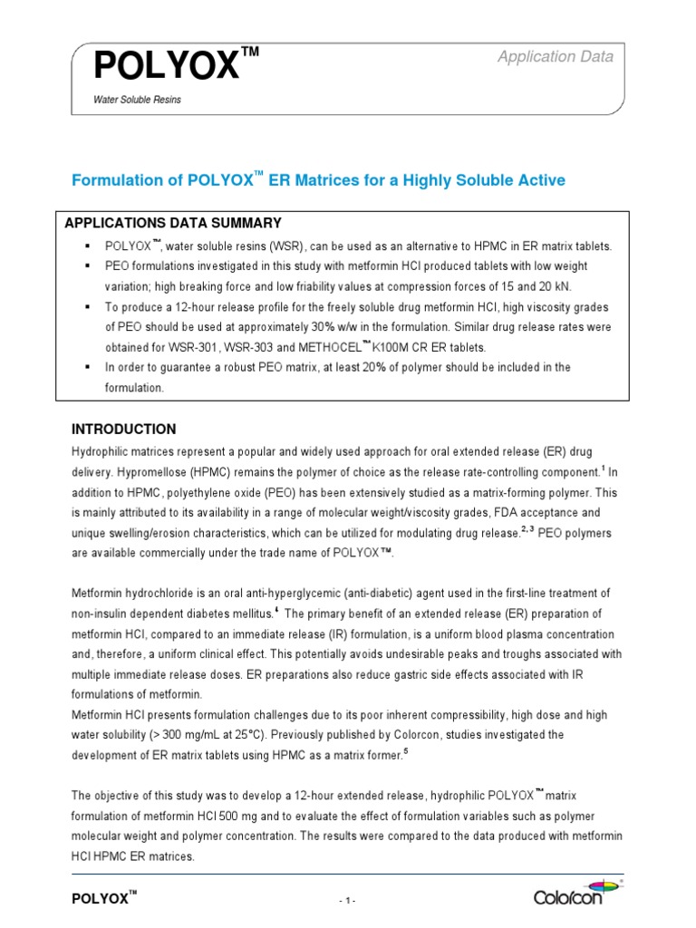 Polyox Form Peo Matrices | PDF | Tablet (Pharmacy) | Pharmaceutical ...