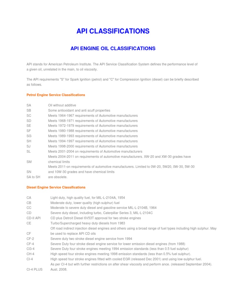 Api Engine Oil Classifications | Download Free PDF | Machines | Vehicles Api Engine Oil Classifications | Download Free PDF | Machines | Vehicles