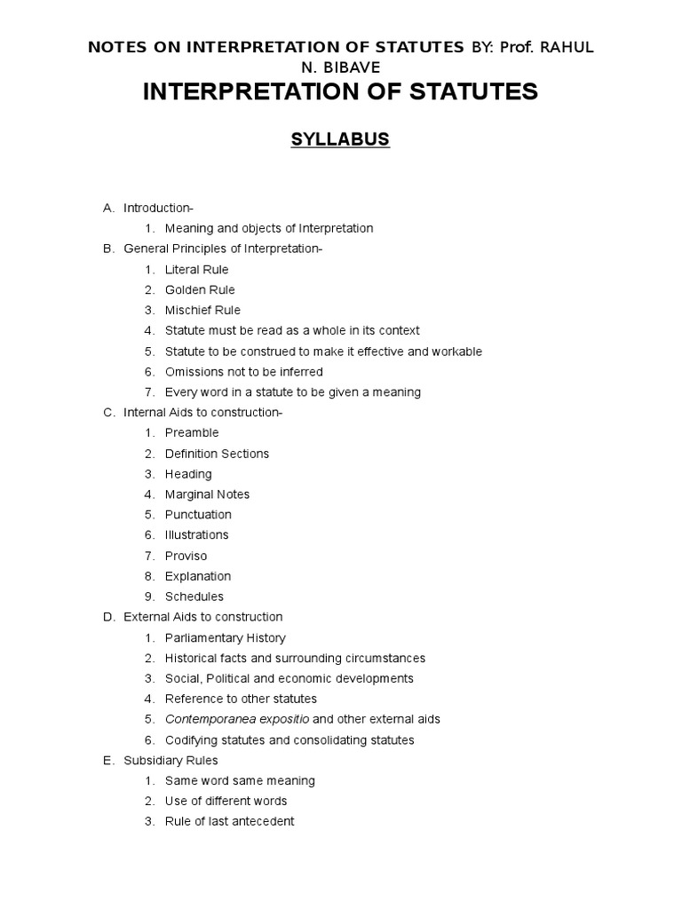 Interpretation of Statutes: Syllabus | PDF | Plain Meaning Rule ...