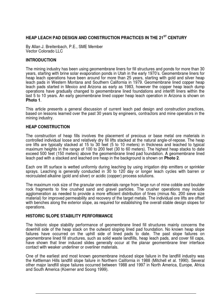 Heap Leach Pad Design Practices | PDF | Drainage | Landslide
