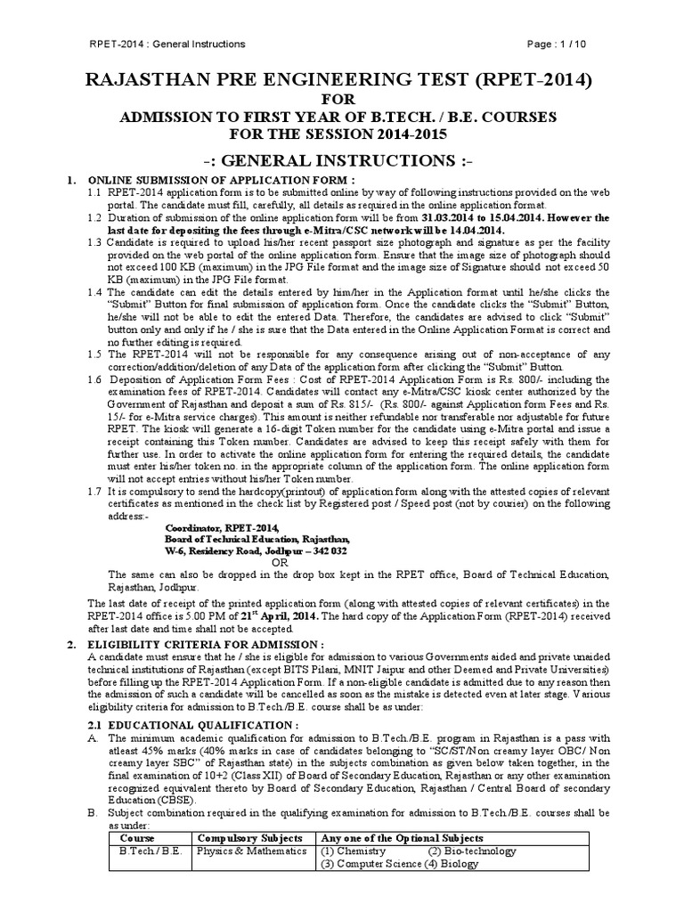 Rajasthan Pre Engineering Test (Rpet-2014) : - : General Instructions ...