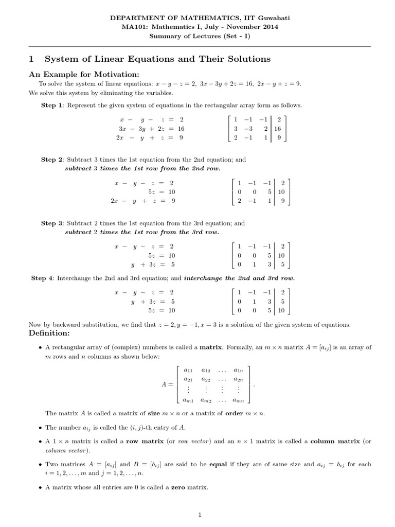 1 System of Linear Equations and Their Solutions: An Example For ...