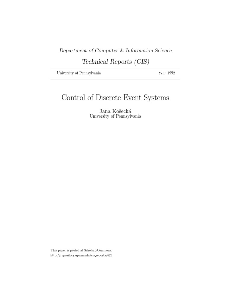 Control of Discrete Event Systems: Technical Reports (CIS) | PDF | Formal Verification | Control ...