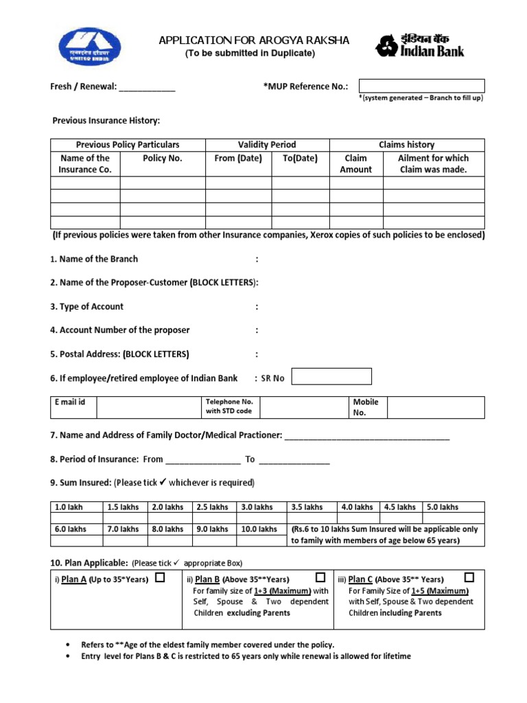 Application For Arogya Raksha: (To Be Submitted in Duplicate) | PDF ...