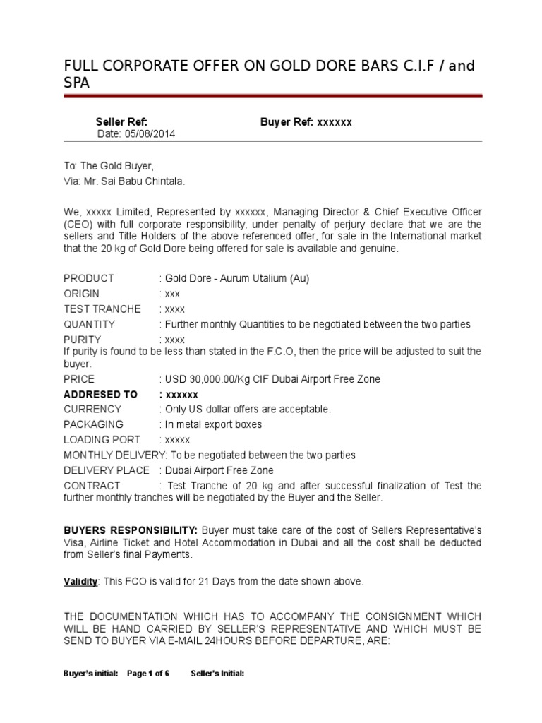Full Corporate Offer On Gold Dore Bars C.I.F / And SPA | Units Of ...