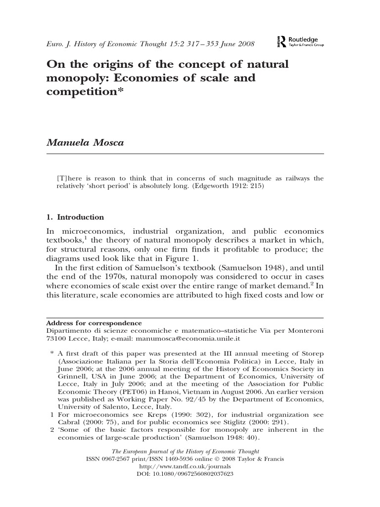 Origins of Natural Monopoly Theory | PDF | Average Cost | Monopoly