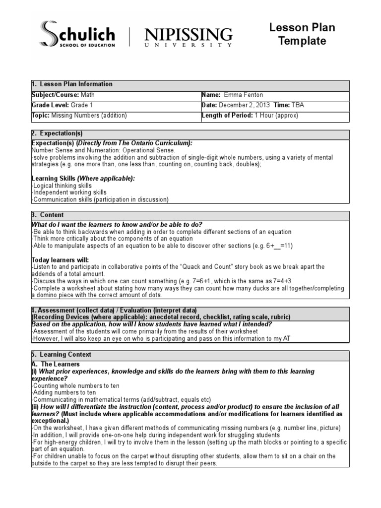 Grade 1 Missing Numbers Lesson Plan | PDF | Lesson Plan | Quality Of Life