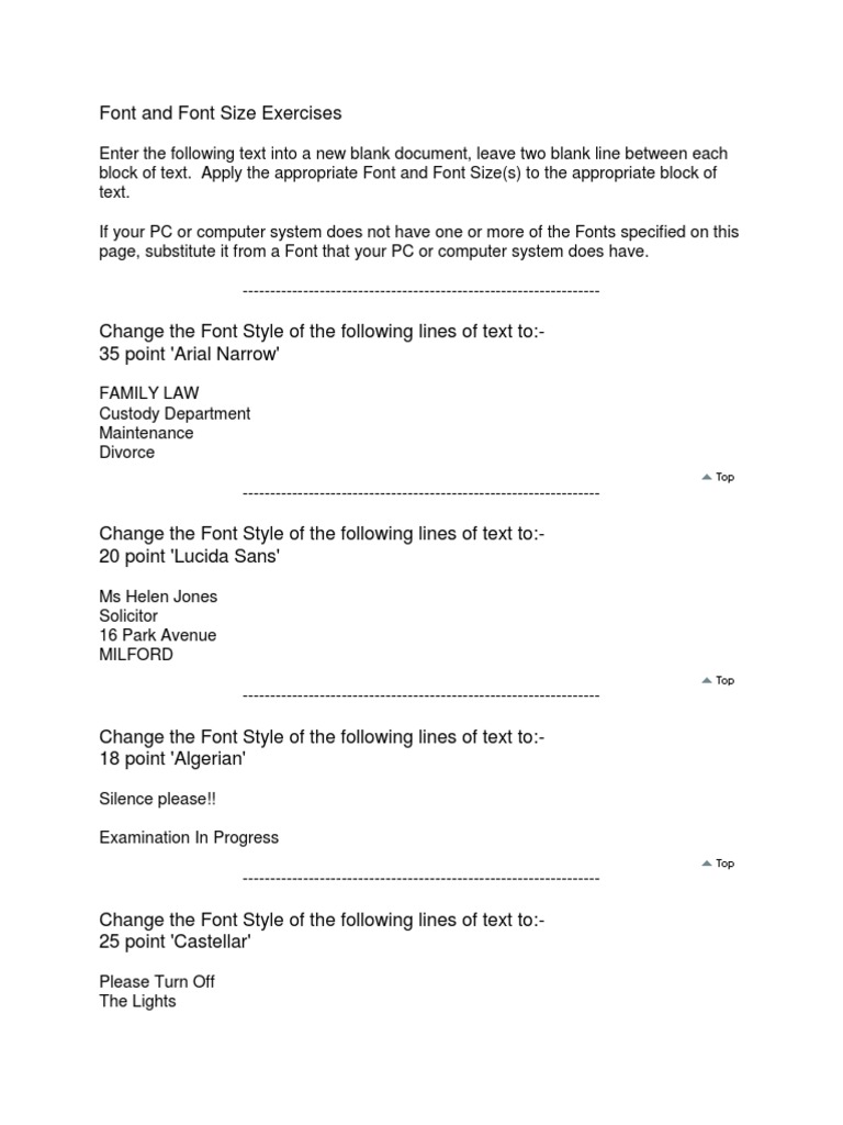 Font and Size Adjustment Exercises | PDF