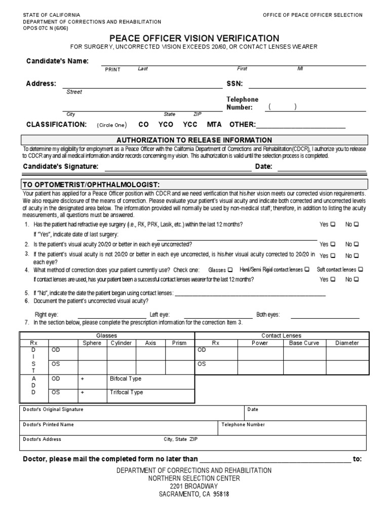 Peace Officer Vision Verification: Street | PDF | Visual Acuity ...