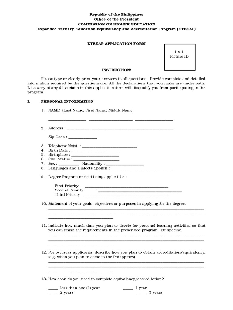 ETEEAP Application Form | Academic Degree | Academic Certificate