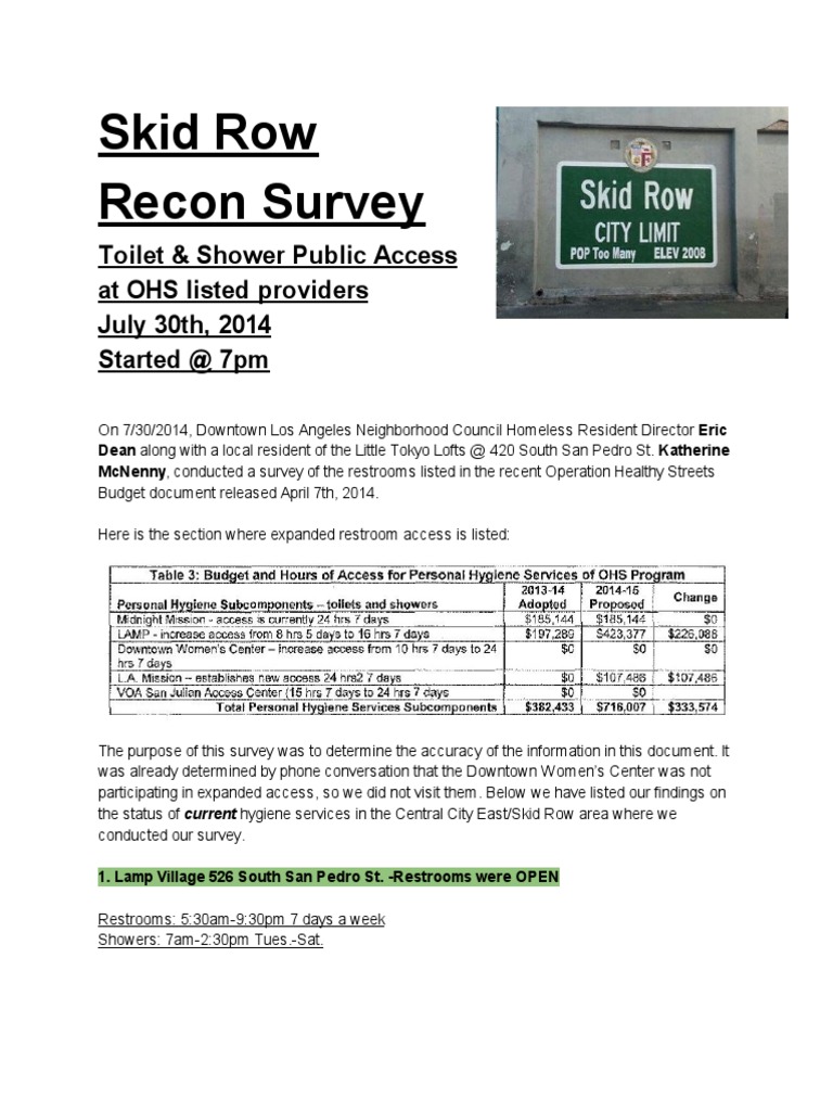 Skid Row Restroom Survey 7-30-14 | PDF | Public Toilet | Business