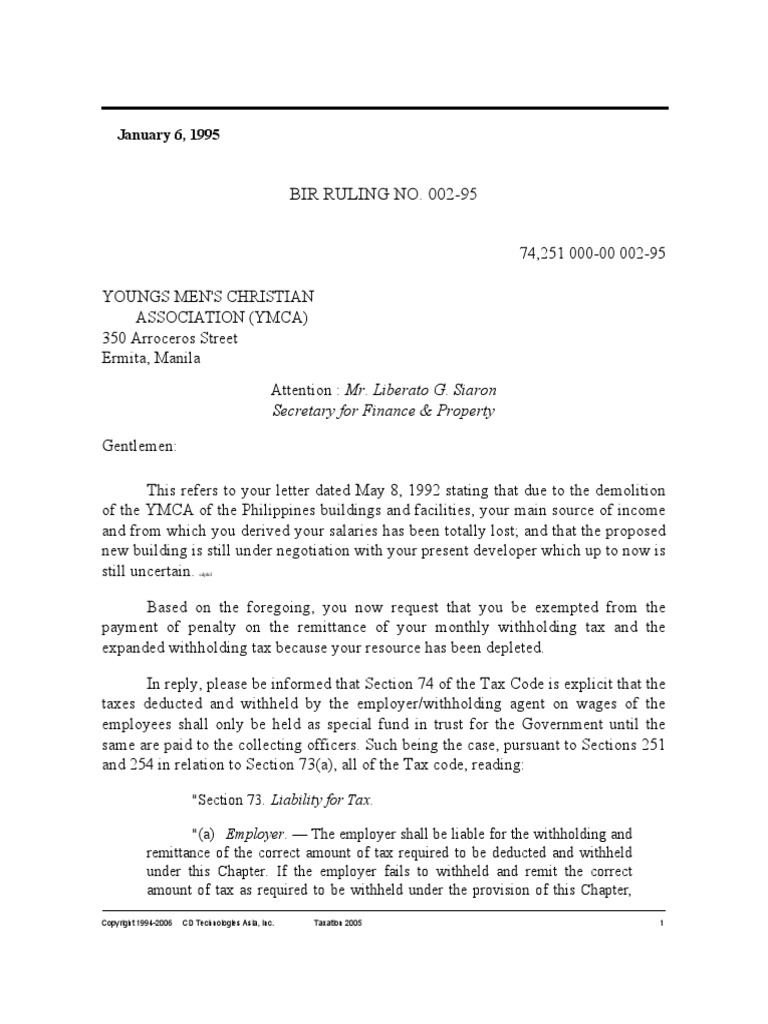 BIR Ruling 002-95 | PDF | Withholding Tax | Public Finance