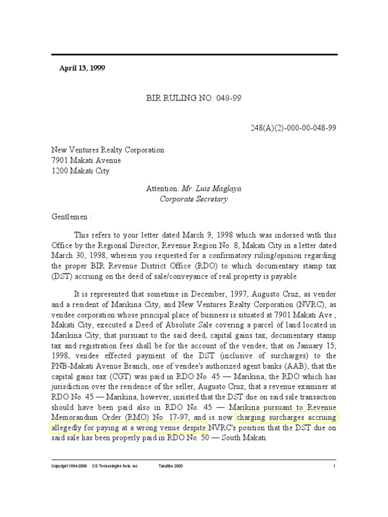 BIR Ruling 048-99 | PDF | Capital Gains Tax | Taxes