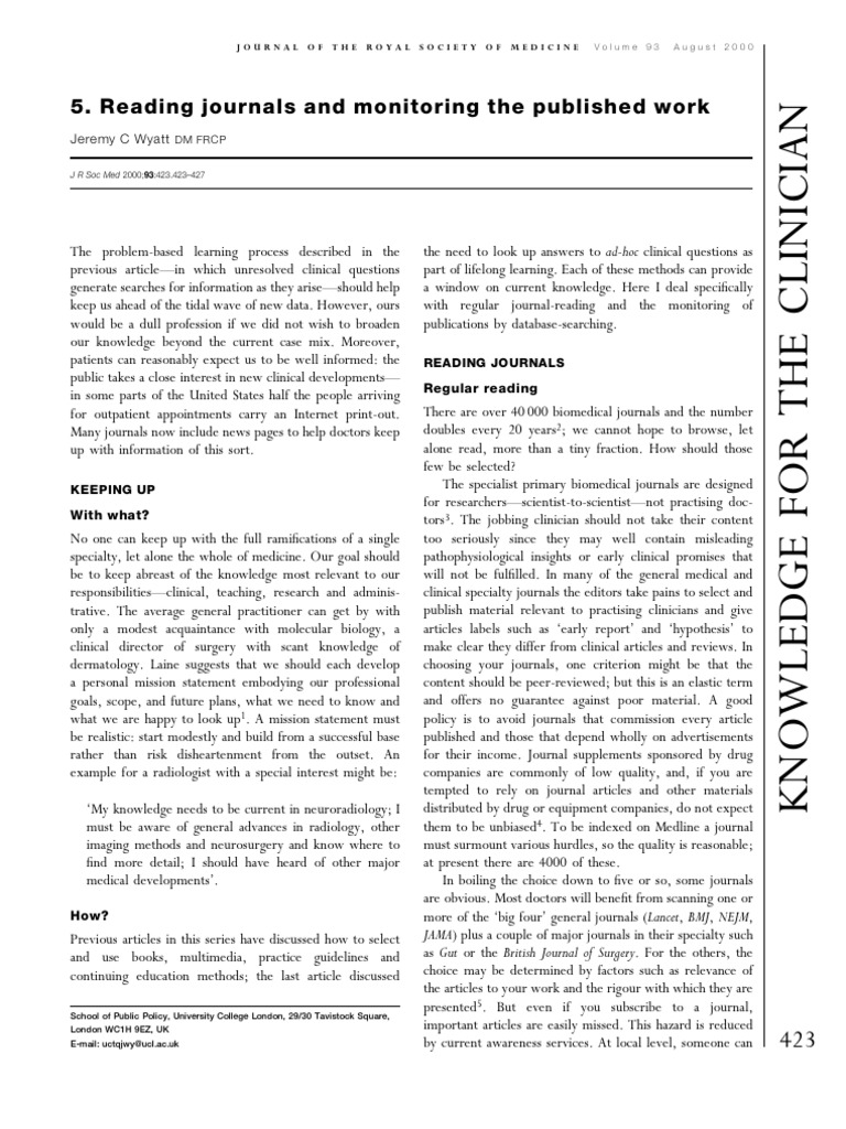 Reading Journals and Monitoring The Published Work: Jeremy C Wyatt ...